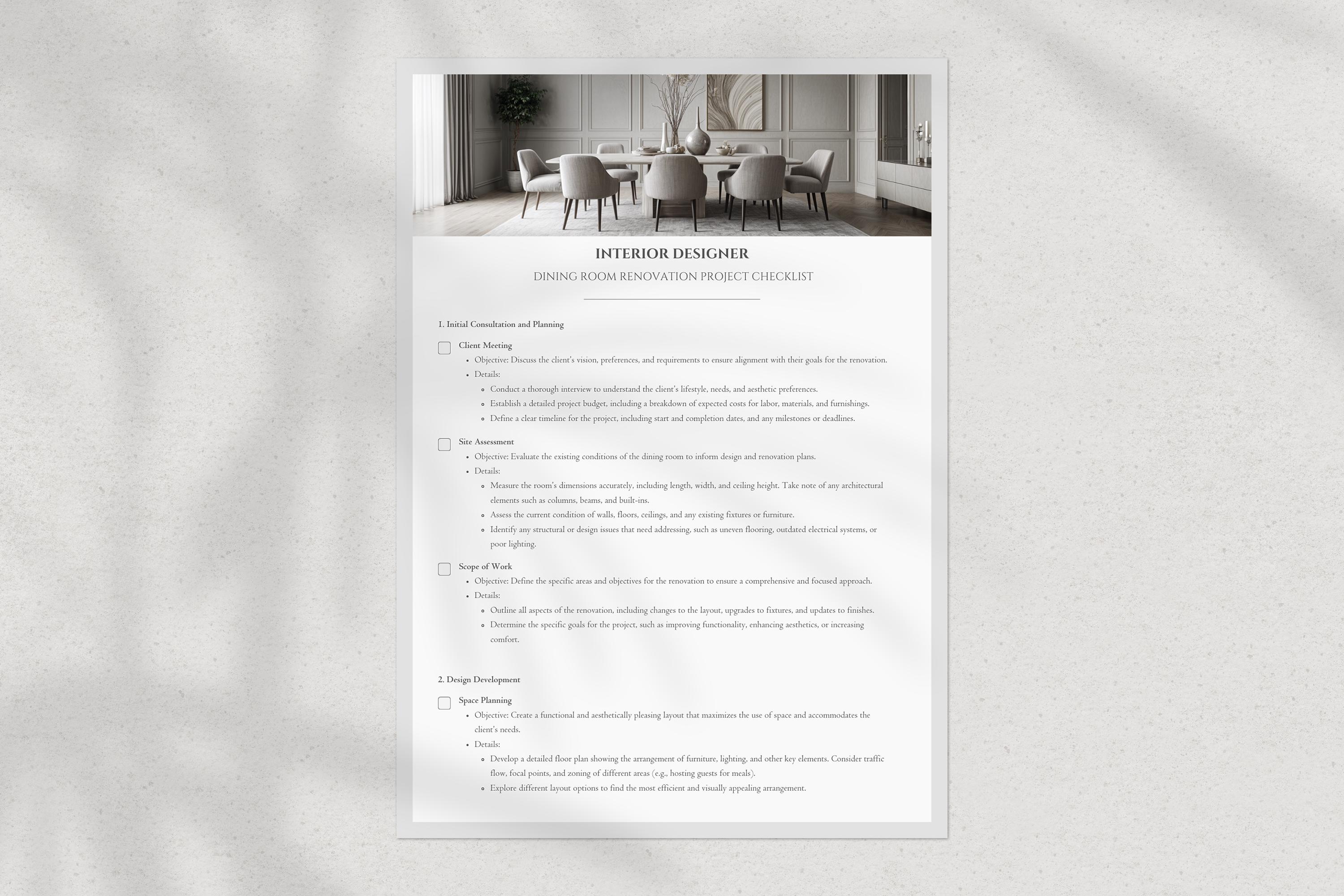 Interior Designer Checklist Dining Room Renovation Project Template ...