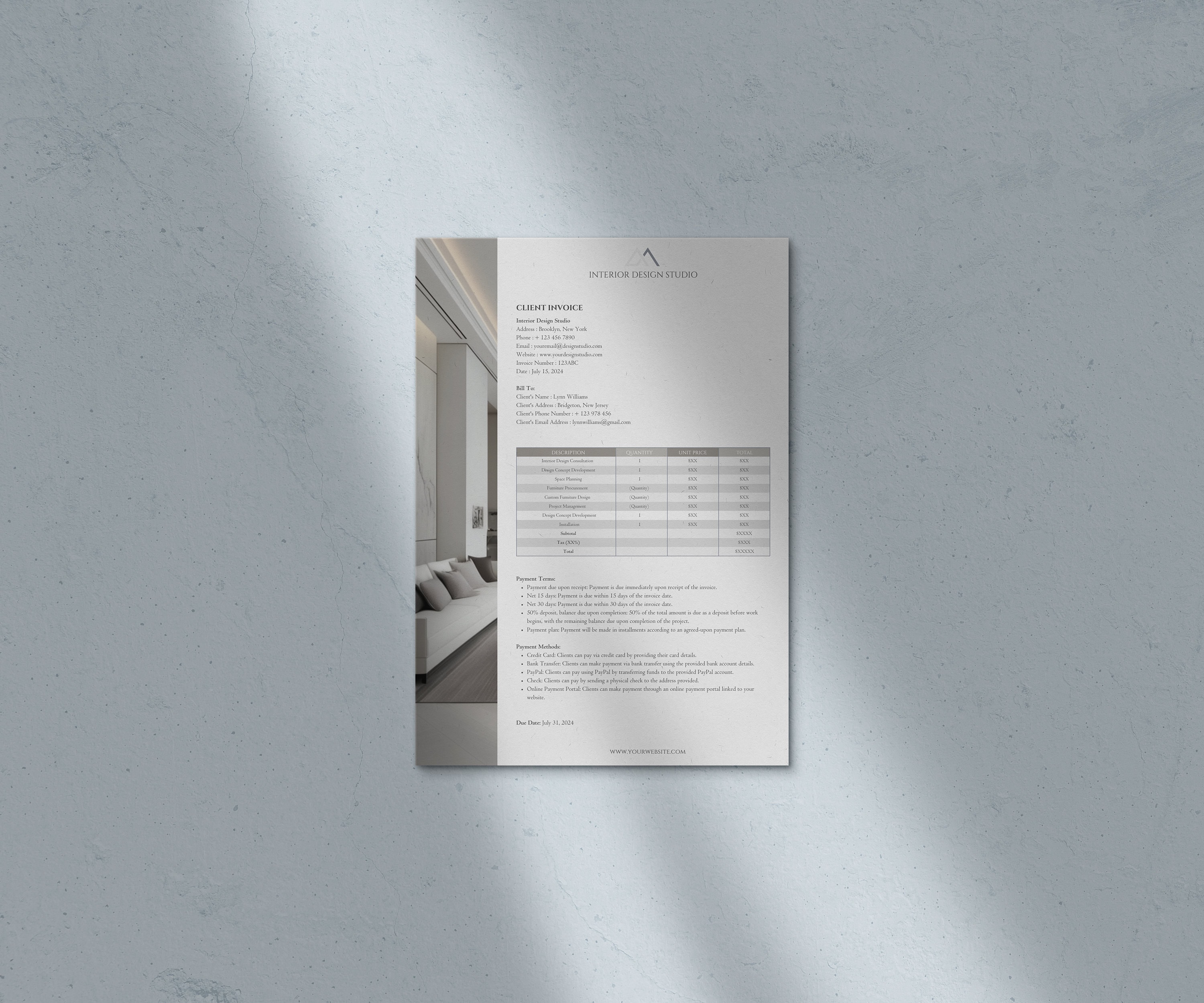 Beige Minimalist Interior Design Client Invoice Onboarding Client ...