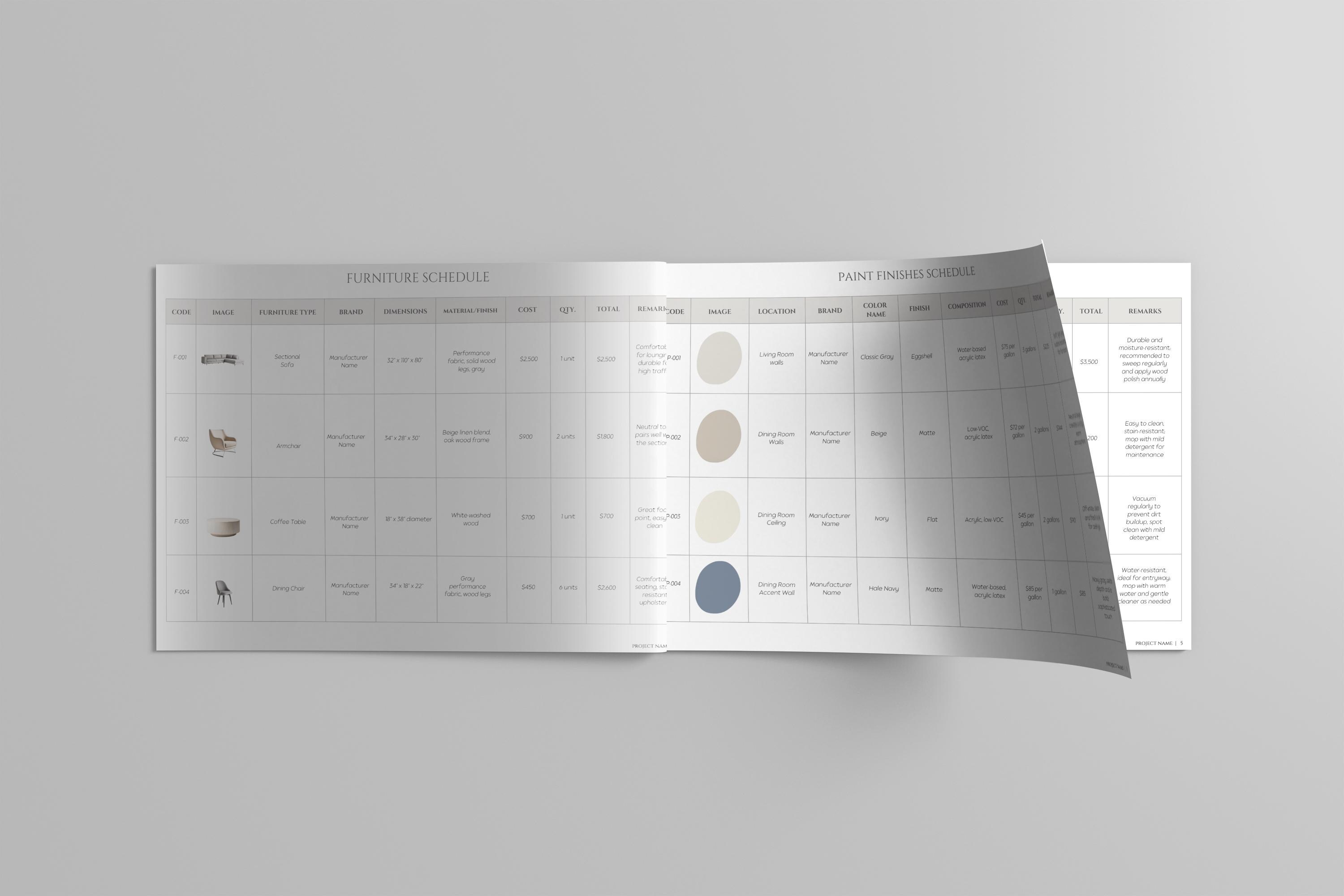 Minimalist White Interior Design FF&E Schedule Template, Furniture and Finishes Schedule, Design ...