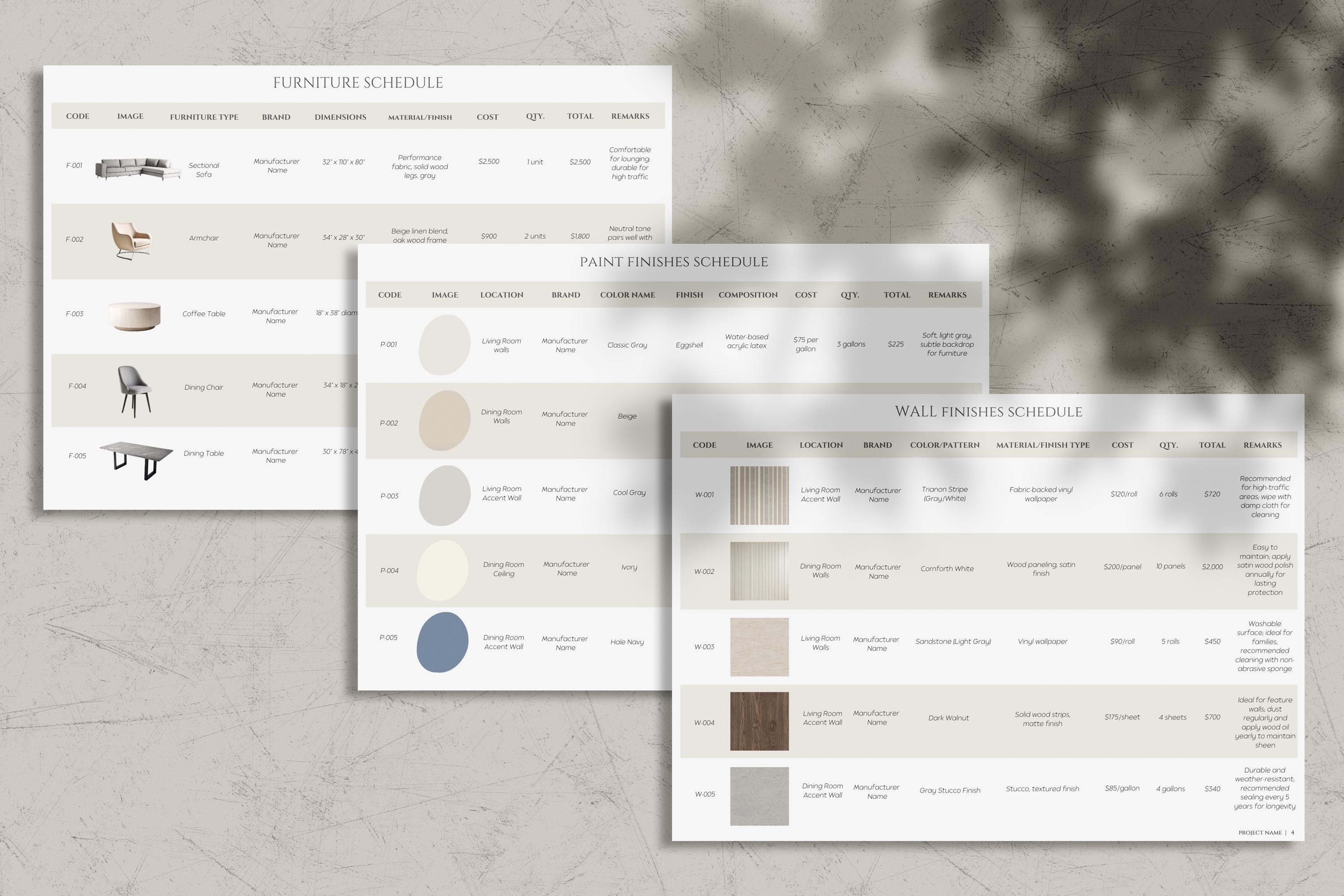 Interior Design FF&E Schedule Template, Furniture and Finishes Schedule ...