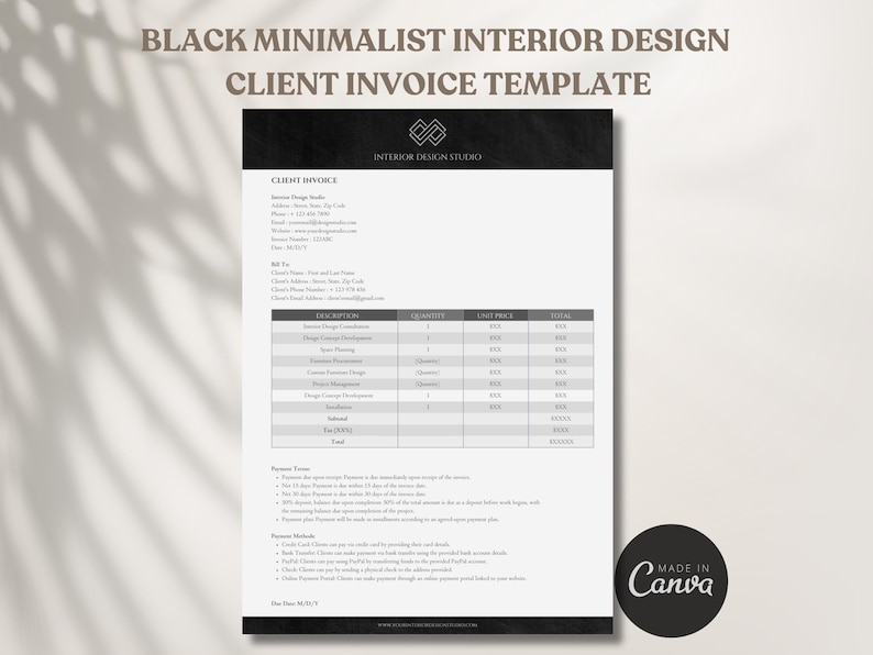 Black Minimalist Interior Design Client Invoice Onboarding Client ...