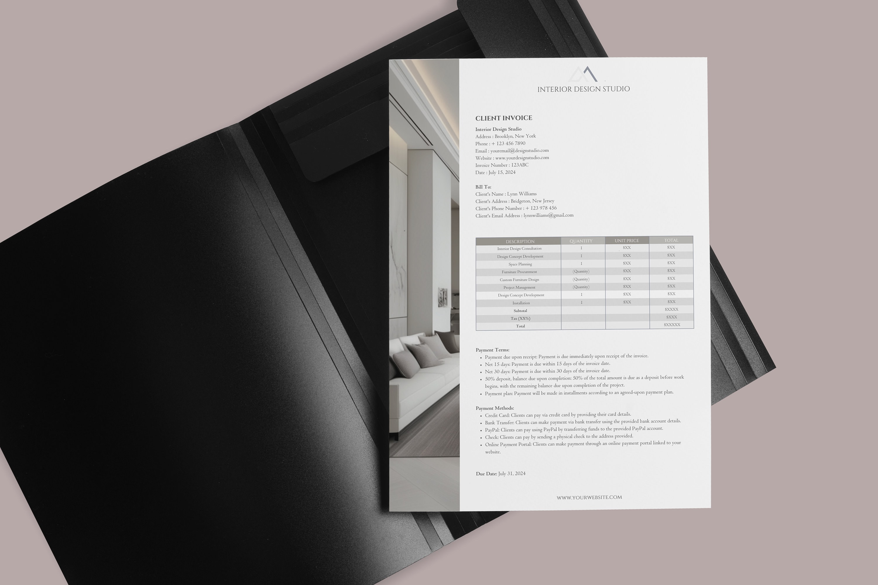 Beige Minimalist Interior Design Client Invoice Onboarding Client ...