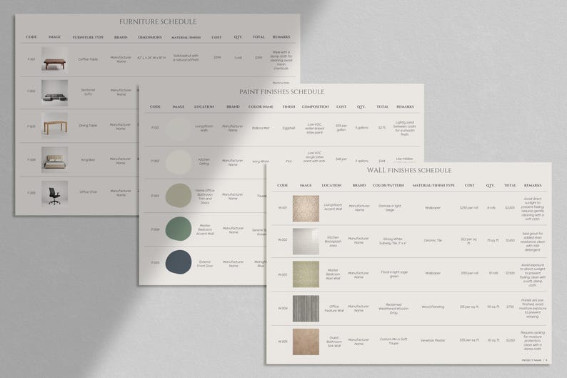 Interior Design FF&E Schedule Template, Furniture and Finishes Schedule ...