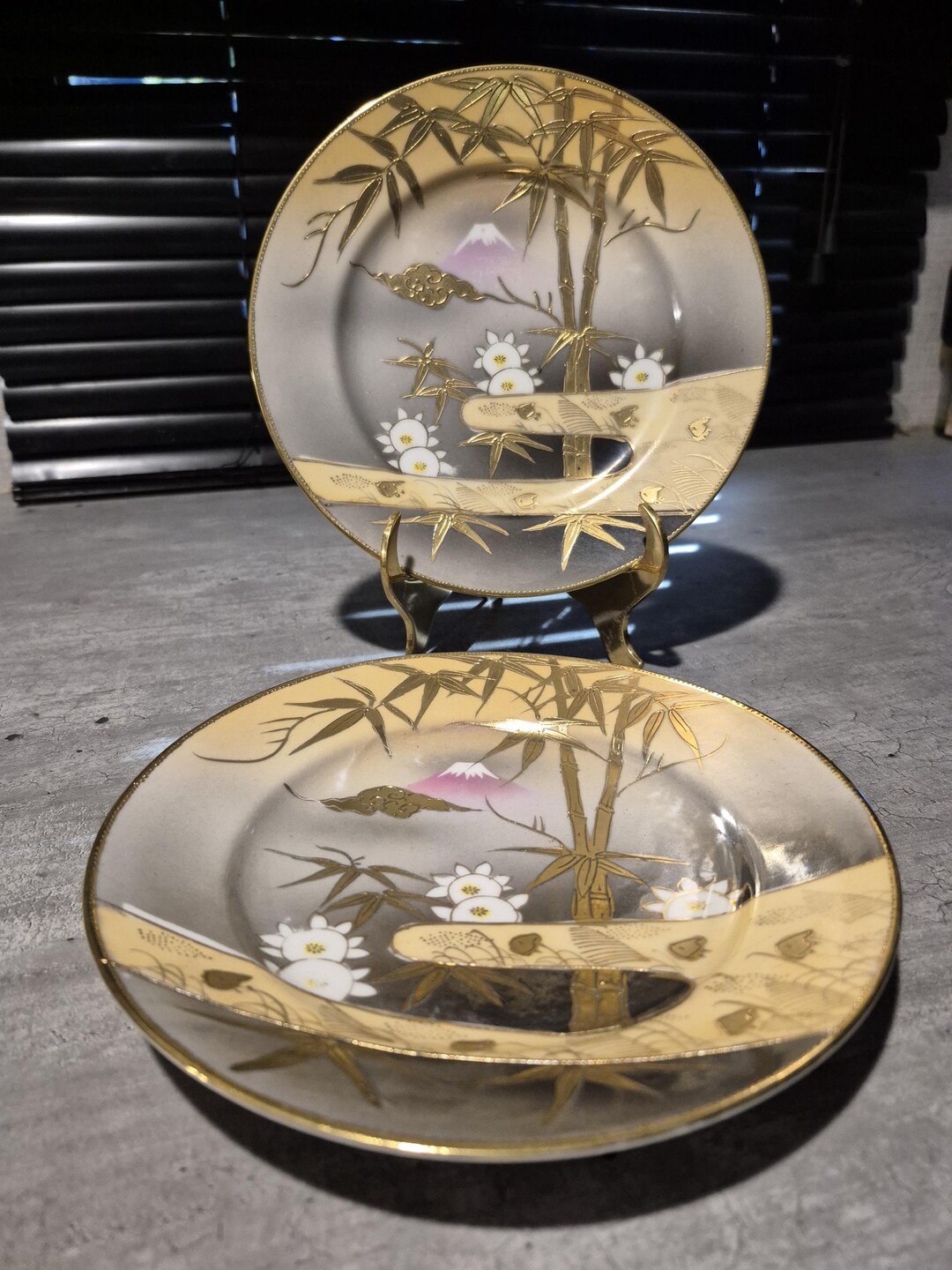 Pair of Beautiful 1940s Japanese Mt. Fuji Gold Bamboo Handpainted ...