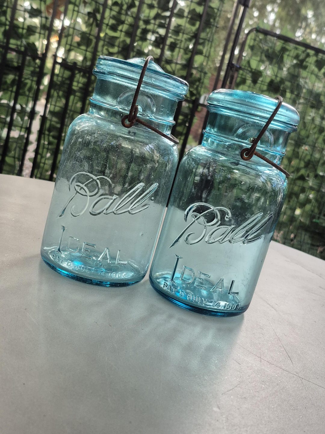 Two Iconic Vintage/antique Ball "ideal" Greenish Blue Jars With Glass ...