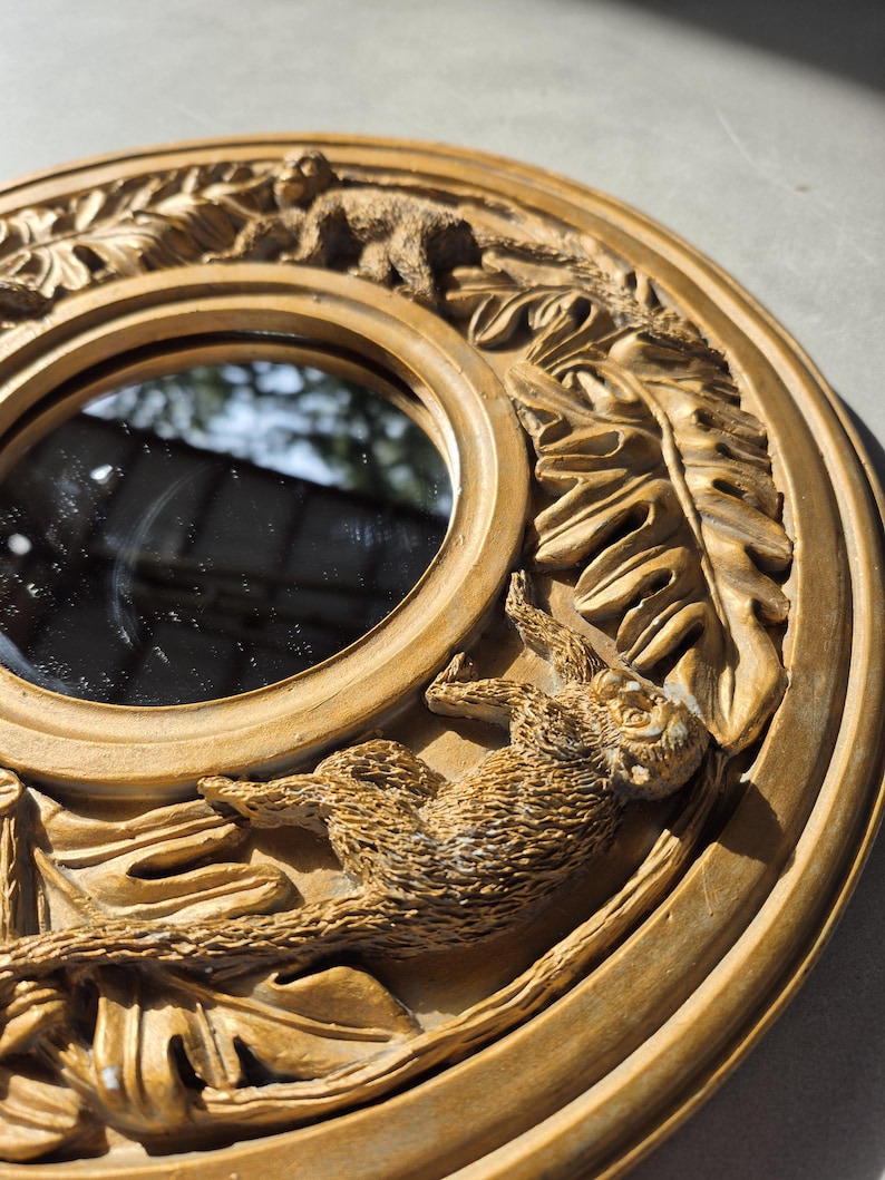 12" Rare Vintage Bohemian Eclectic Round Mirror With Monkeys and Leaves ...