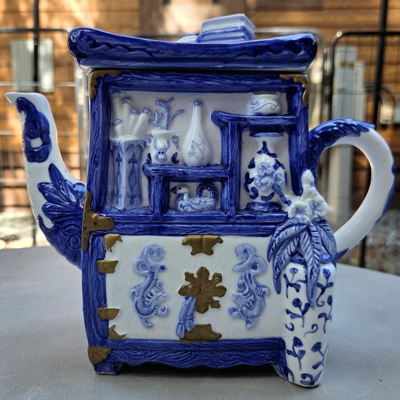 Whimsical RARE Asian Hand-painted Blue & White Bureau-shaped Decorative ...