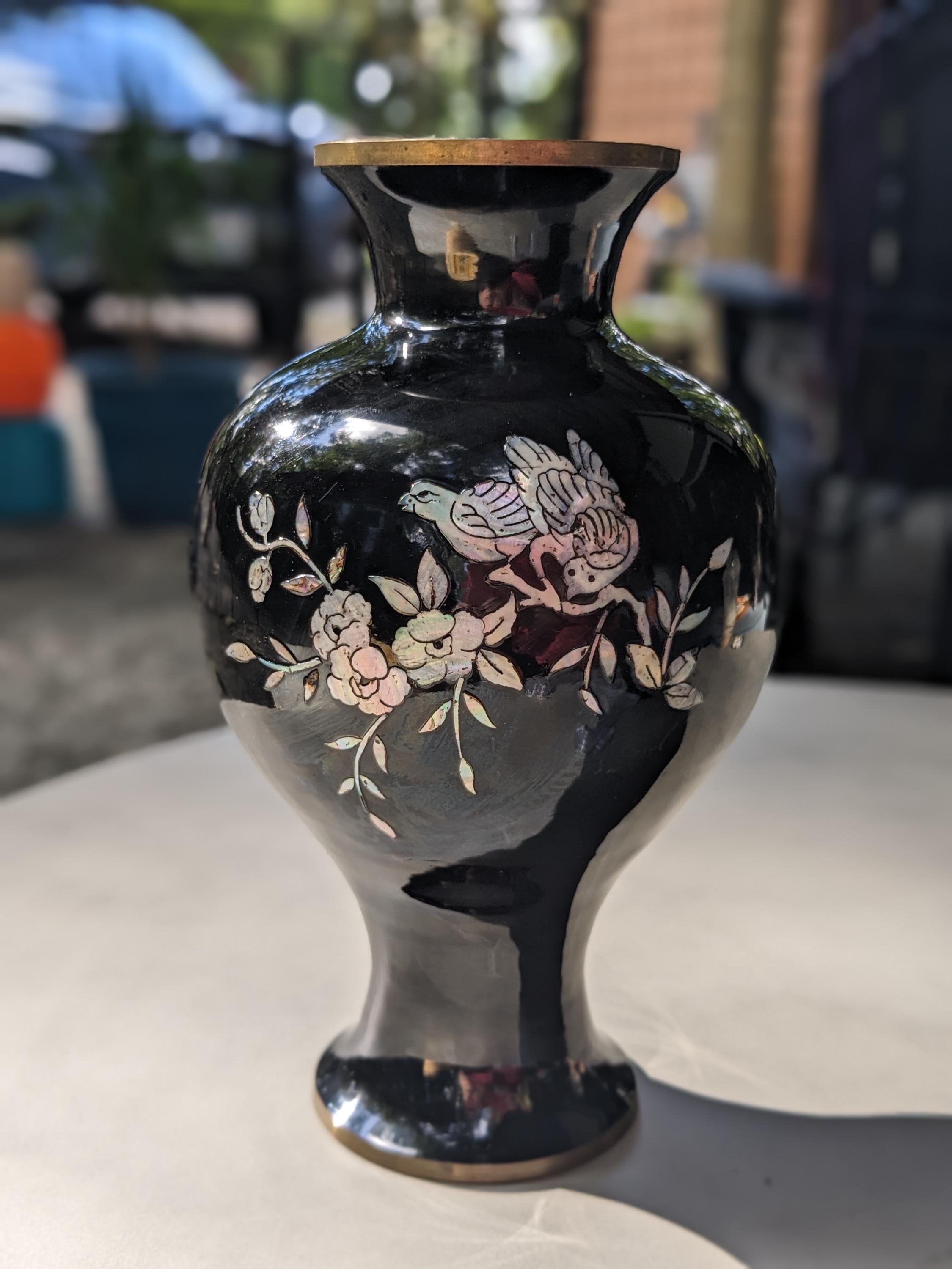 Mother of Pearl Floral Inlay Vintage Korean Brass and Black Lacquer ...