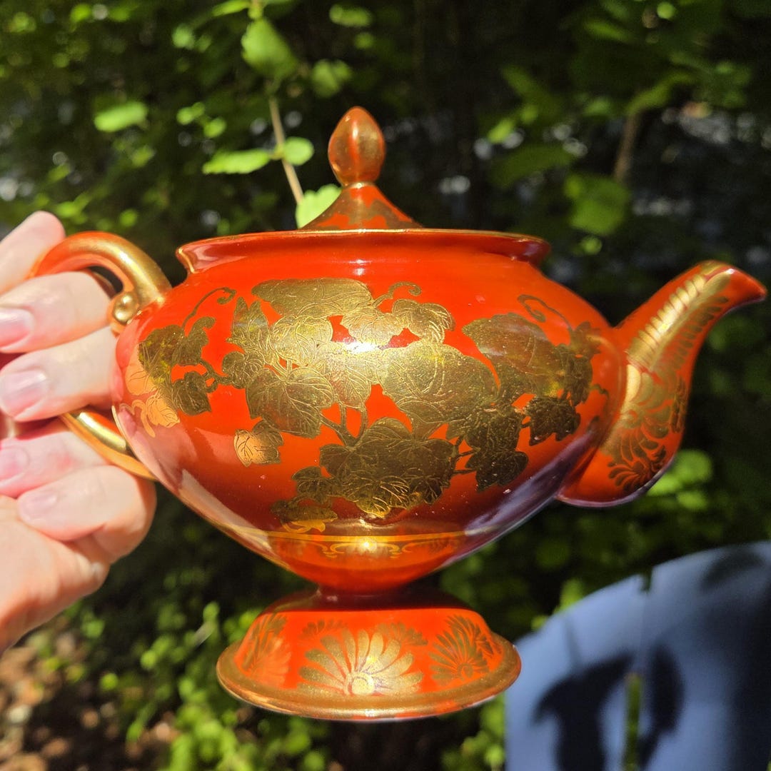Rare and Beautiful Vintage Japanese Red and Gold Floral Pedestal Teapot ...