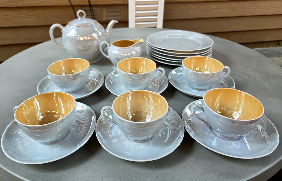Antique 1920s 20-piece Light Blue & Orange Lusterware Tea Set Victoria ...