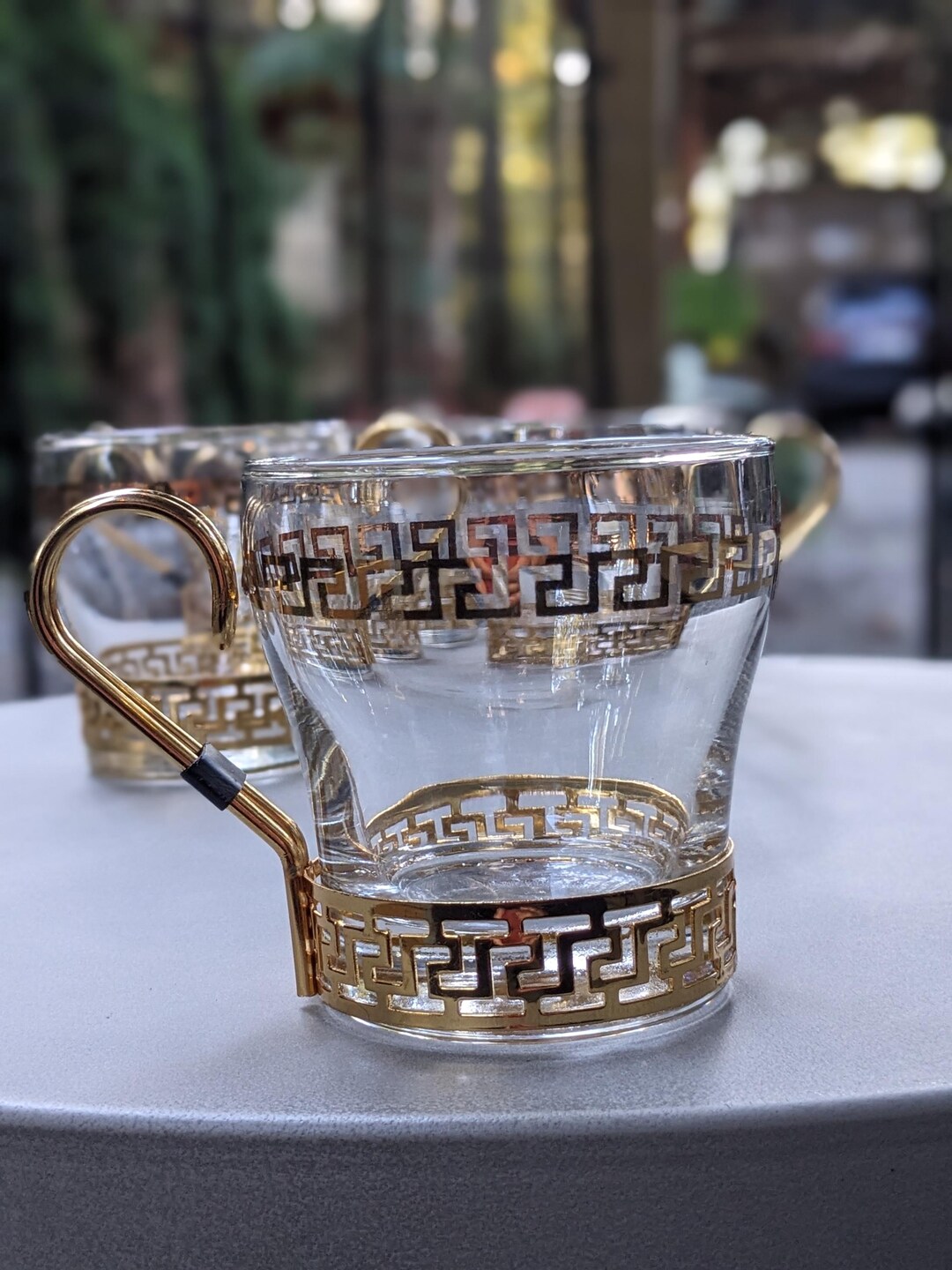 Six 6 Libbey Glass Greek Key Coffee Cups With Gold Metal Handles ...