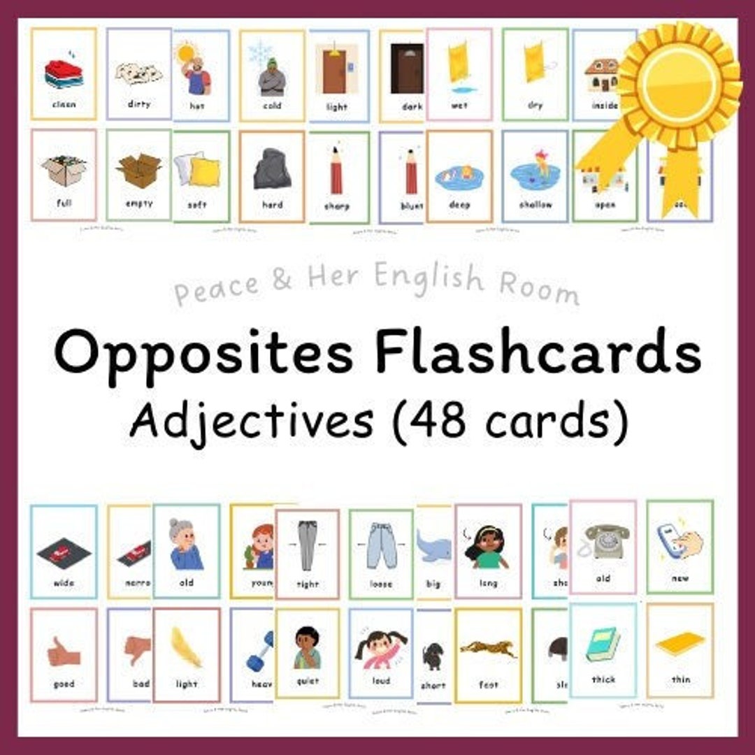 English Flashcards Opposites Adjectives 48 Cards for Kids Pre-school ...