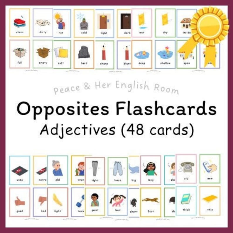 English Flashcards Opposites Adjectives 48 Cards for Kids Pre-school ...