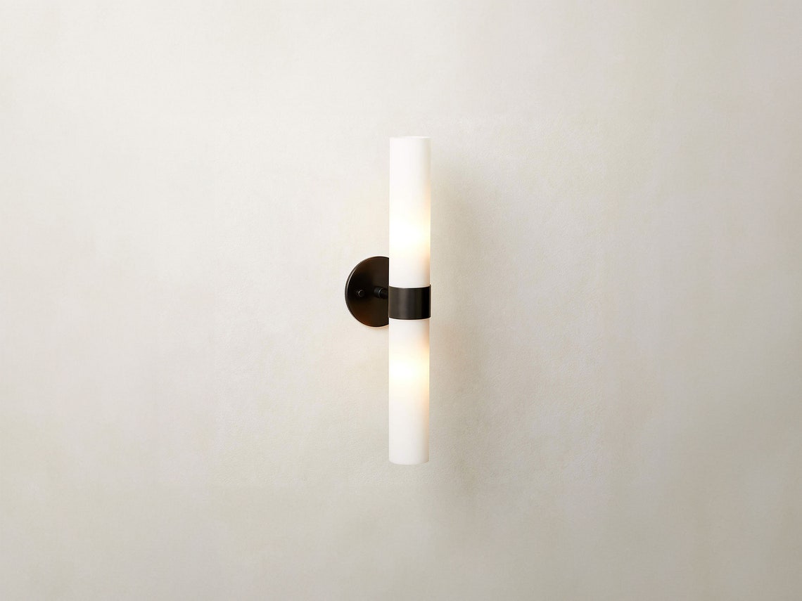 Linear Brass Bathroom Vanity Sconce Light, White and Blackened Brass Wall Sconce, Simple Brass ...