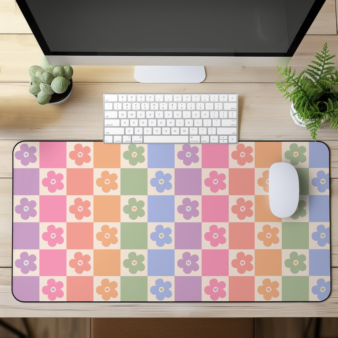Cute Retro Floral Y2K Checkered Desk Mat Classic Checkerboard Plaid ...