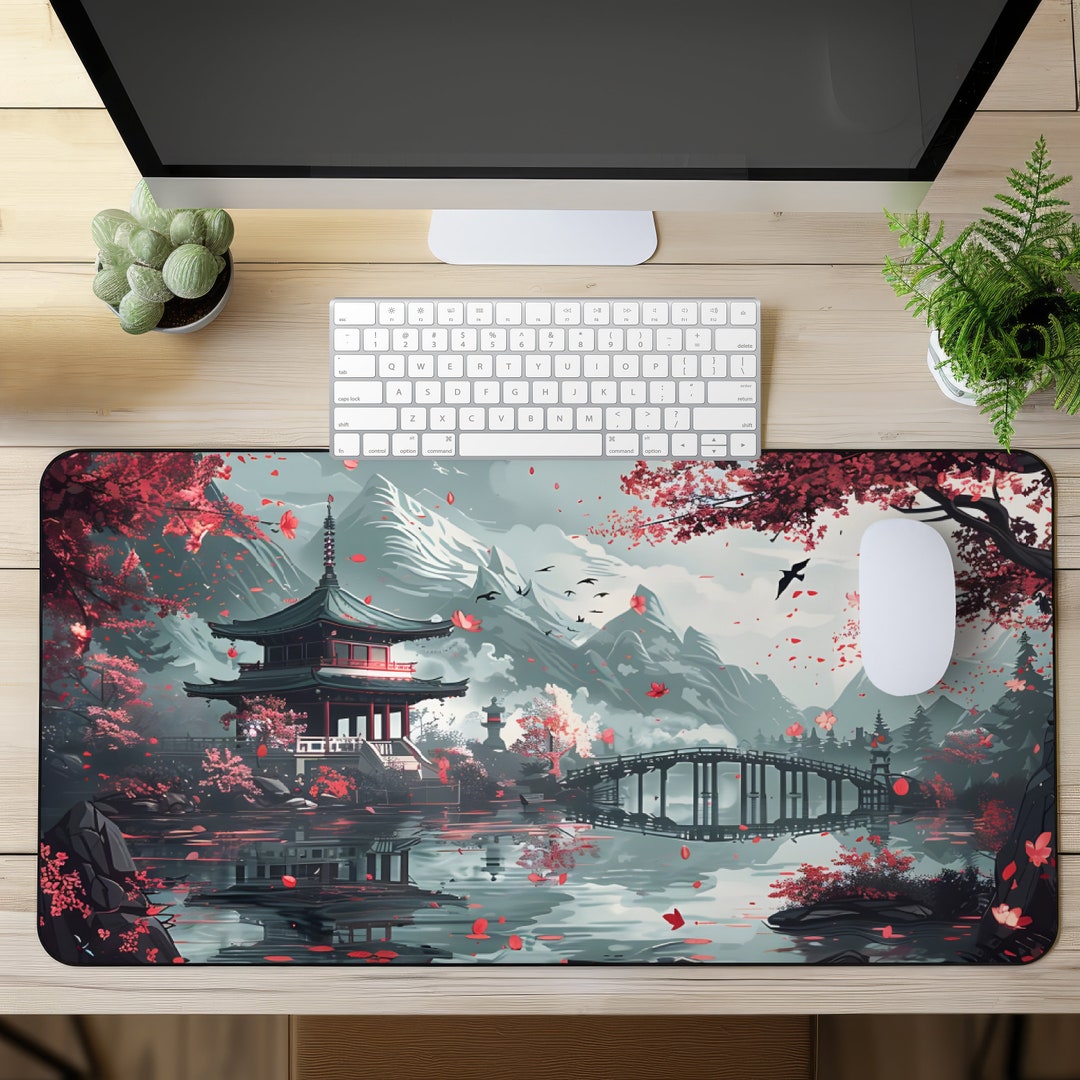 Japanese Landscape Desk Mat Japanese Pagoda With Sakura Cherry Blossom ...