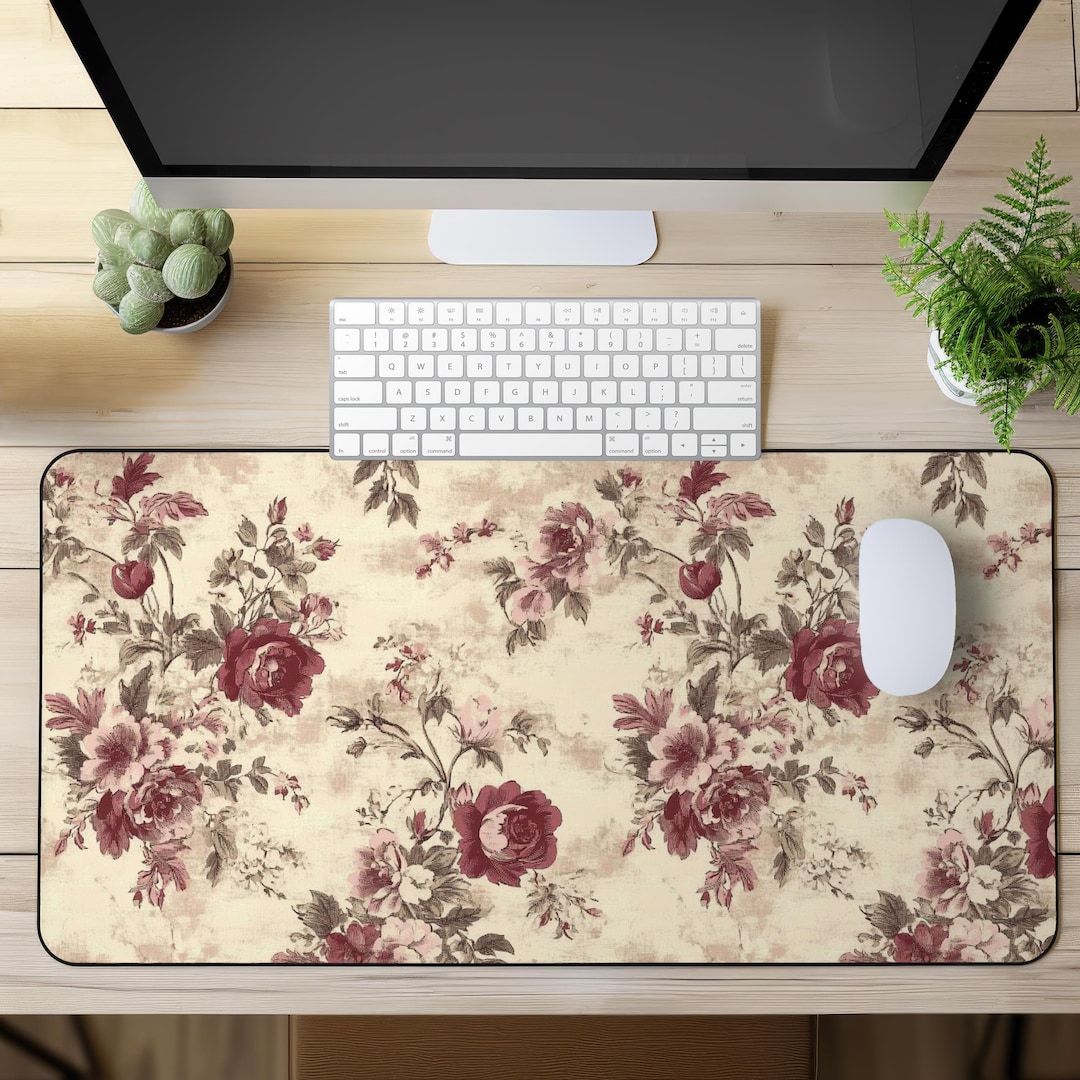 Antique Burgundy Floral Toile Desk Mat - Vintage Botanical Extended ...
