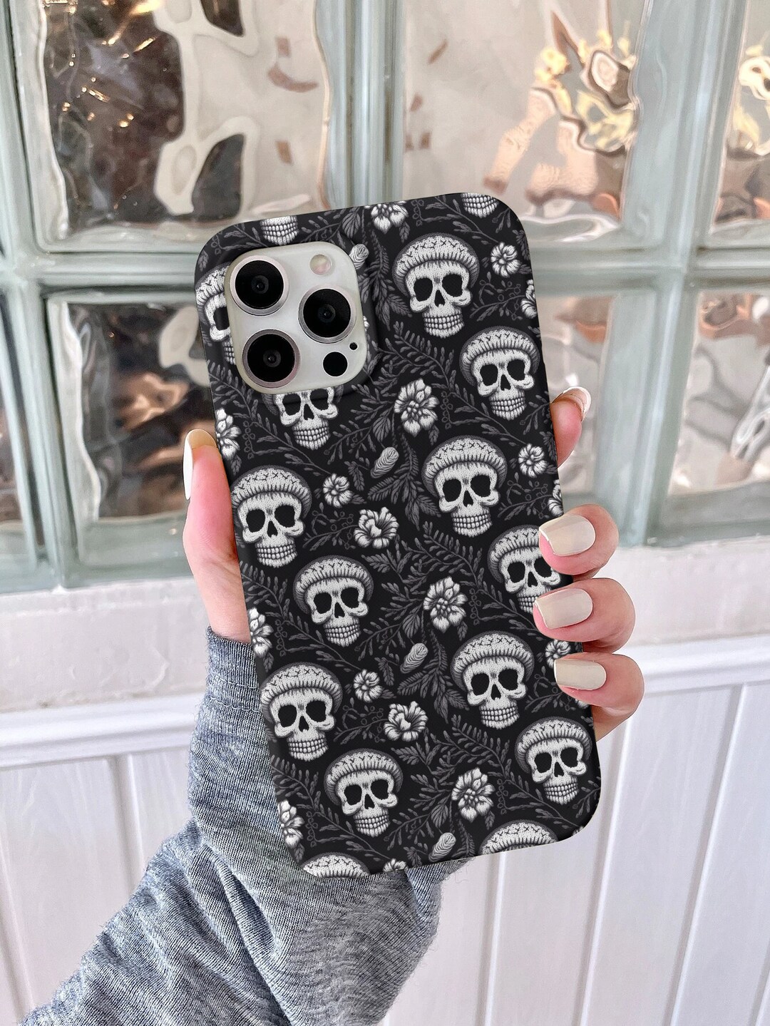 Goth Gothic Spooky Skull Embroidery Phone Case Black White Floral ...