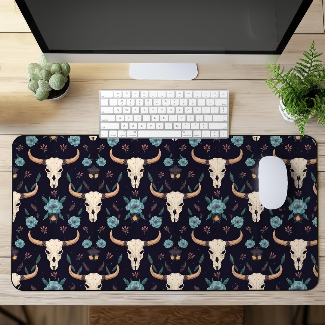 Goth Gothic Western Long Horn Cow Skull Desk Mat Trendy Aesthetic Wild ...