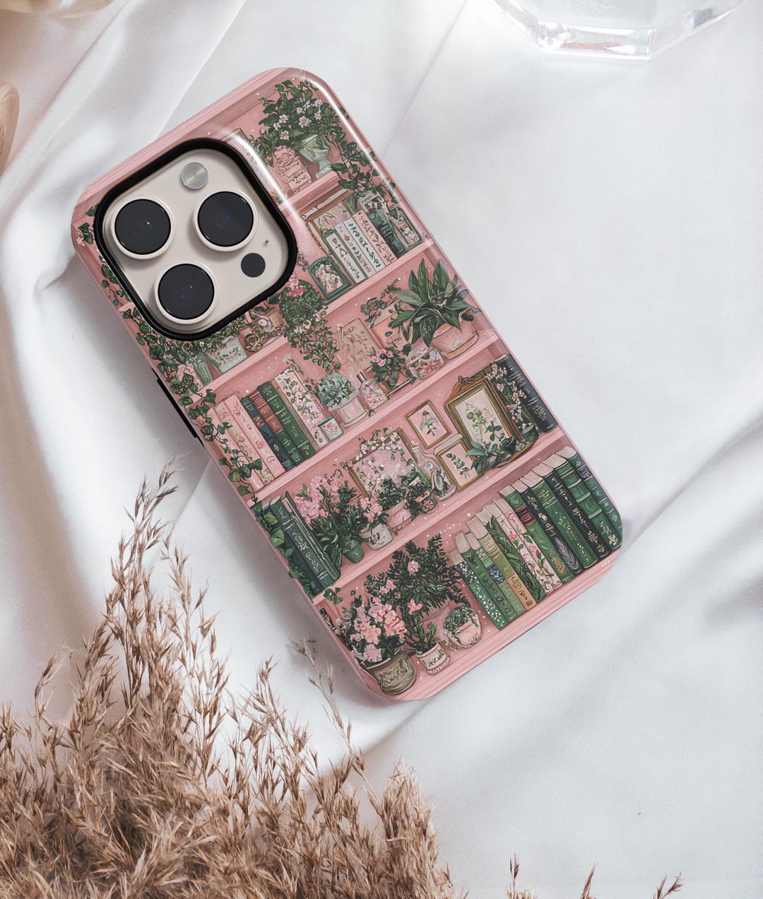 Pink Floral Bookcase Cute Boho Botanical Bookshelf iPhone 16 15 14 13 ...