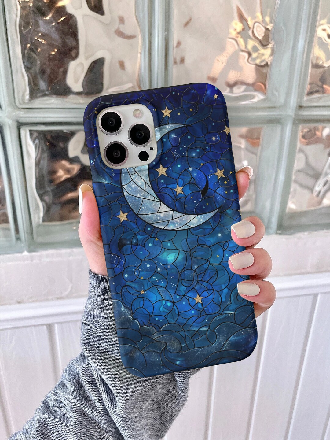 Nightsky Moon and Stars Stained Glass Phone Case Cloudy Starry Midnight ...