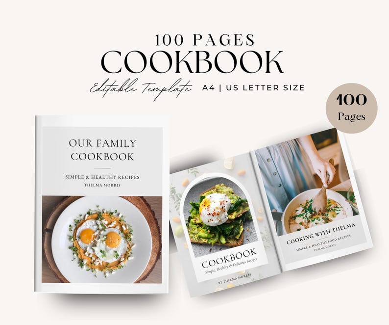 100-page Cookbook Template, Modern Recipe Book Canva Editable Template ...