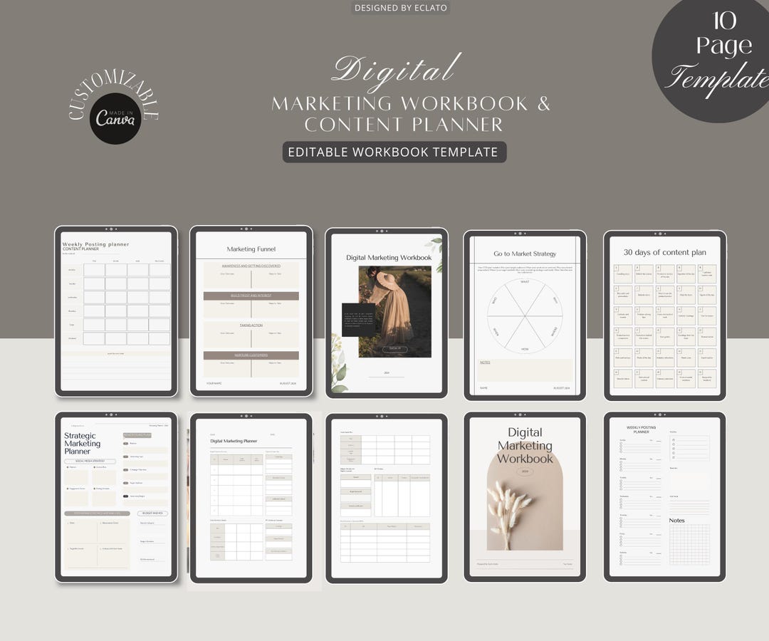 Digital Marketing Content Planner Workbook Template, Canva Template ...