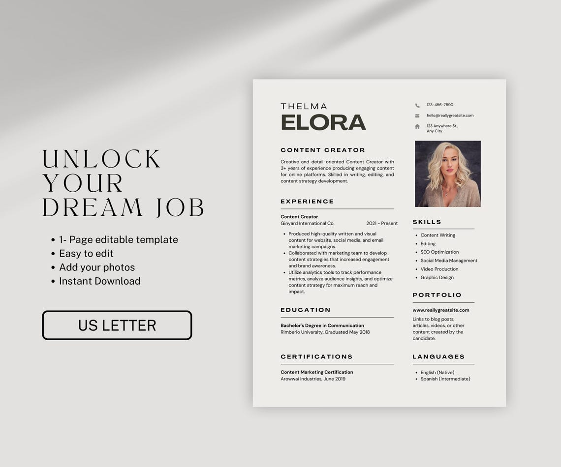 Editable Resume Template: Professional CV Design, Canva (digital ...
