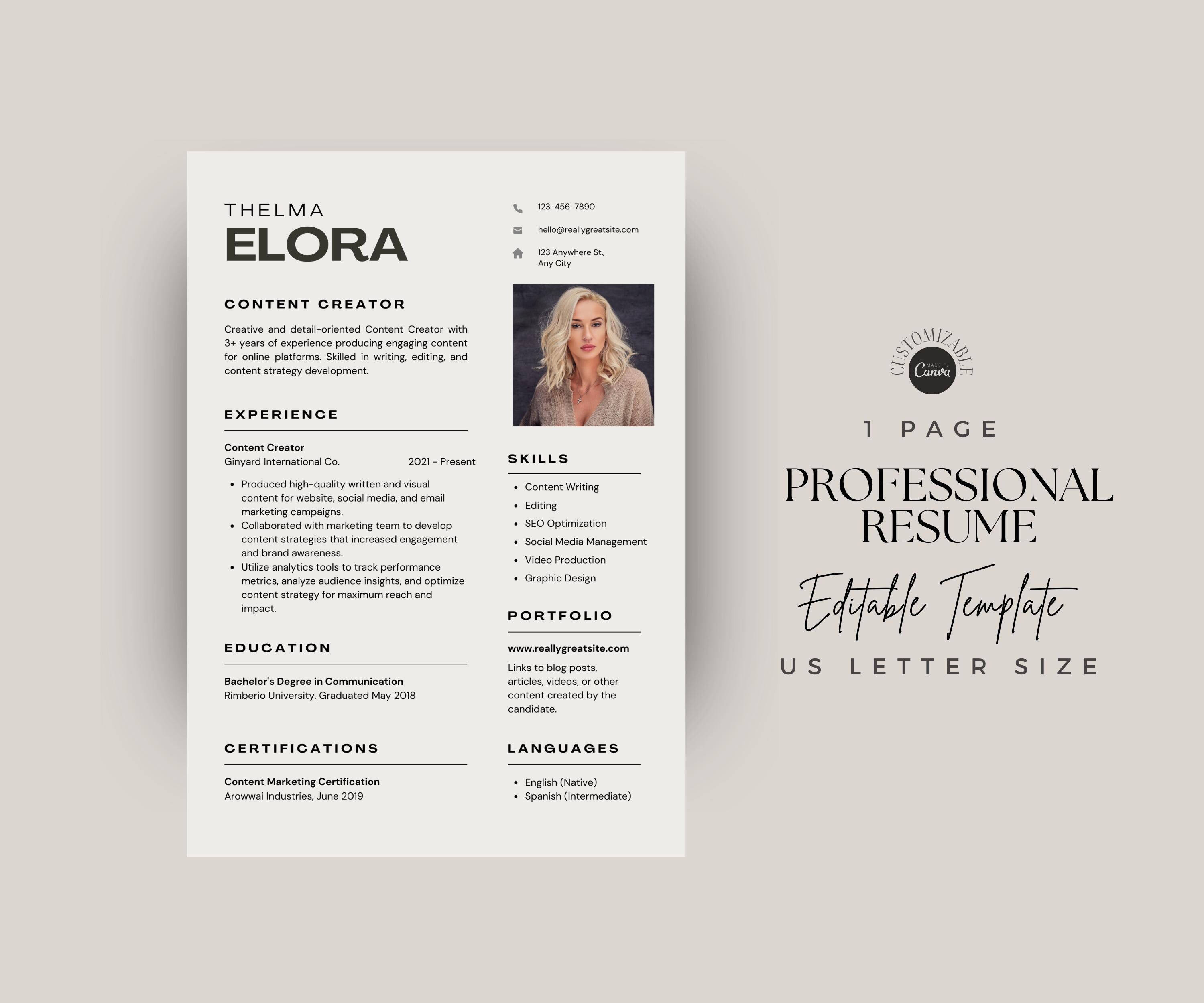 Editable Resume Template: Professional CV Design, Canva (digital ...