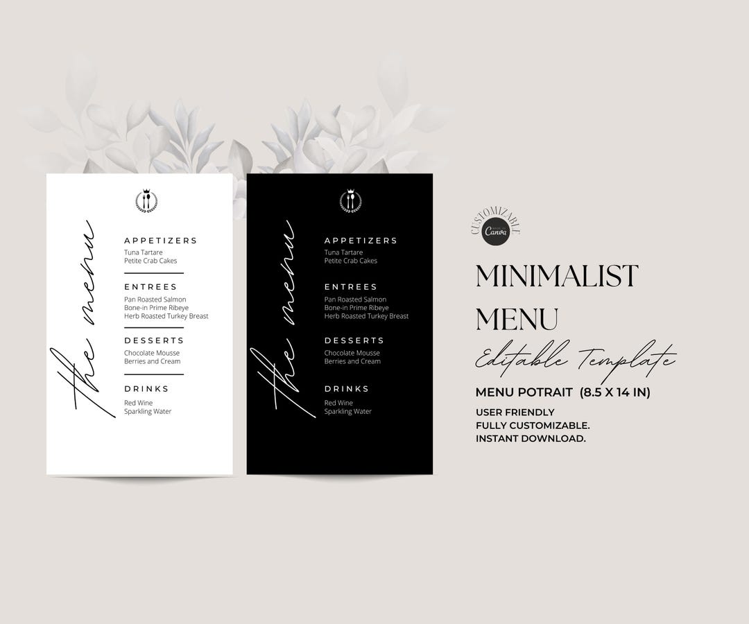 Modern Script Wedding Menu Template: Editable Minimalist Design ...