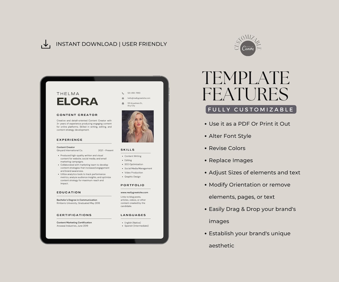 Editable Resume Template: Professional CV Design, Canva (digital ...