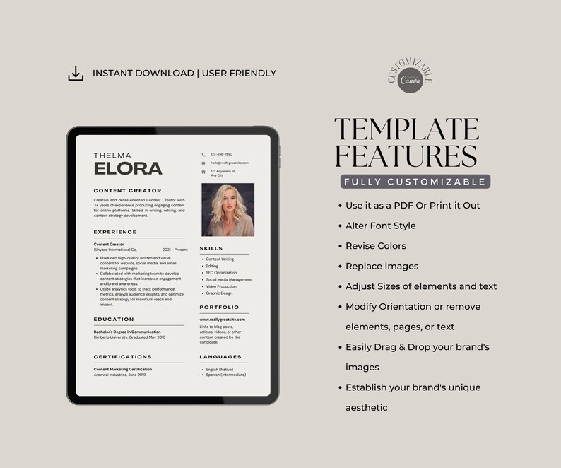Editable Resume Template: Professional CV Design, Canva (digital ...
