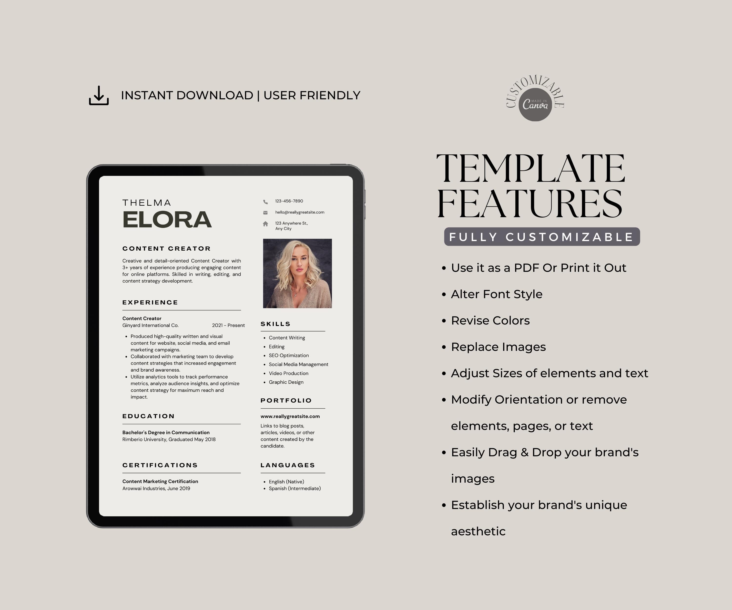 Editable Resume Template: Professional CV Design, Canva (digital ...