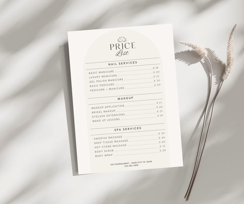 Editable Price List | Arch Template | Lashes Brows Hair Salon Pricing ...