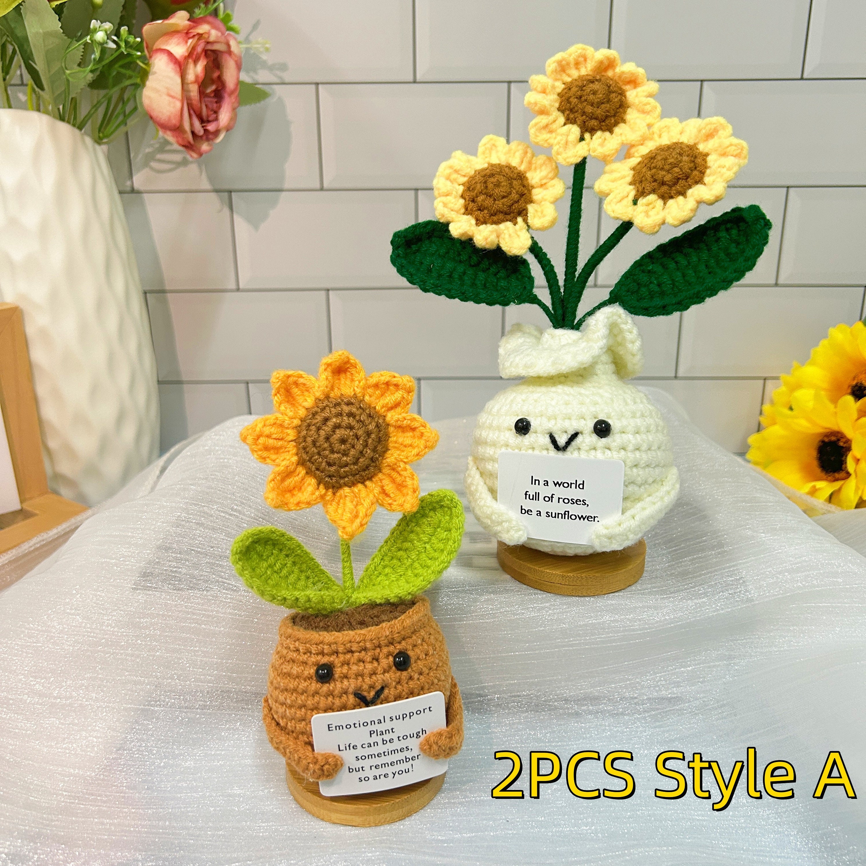 3PCS Crochet Sunflower/daisy/succulent Pot,emotional Support Plant ...