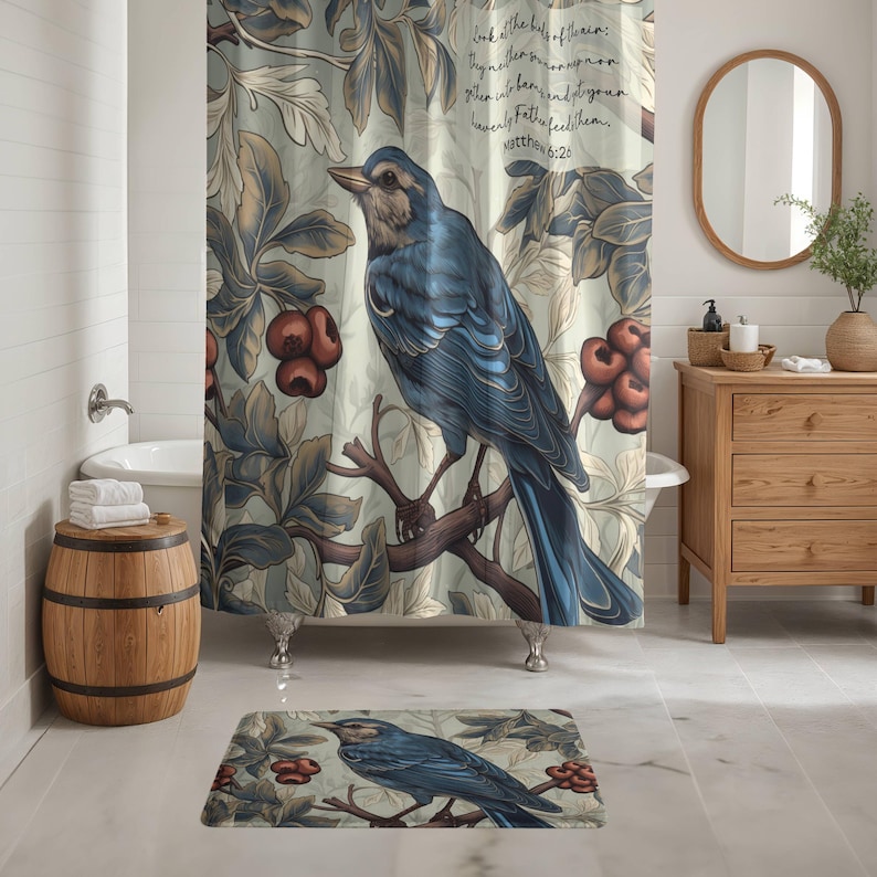 William Morris Style Christian Shower Curtain and Bath Mat Set, Bible ...