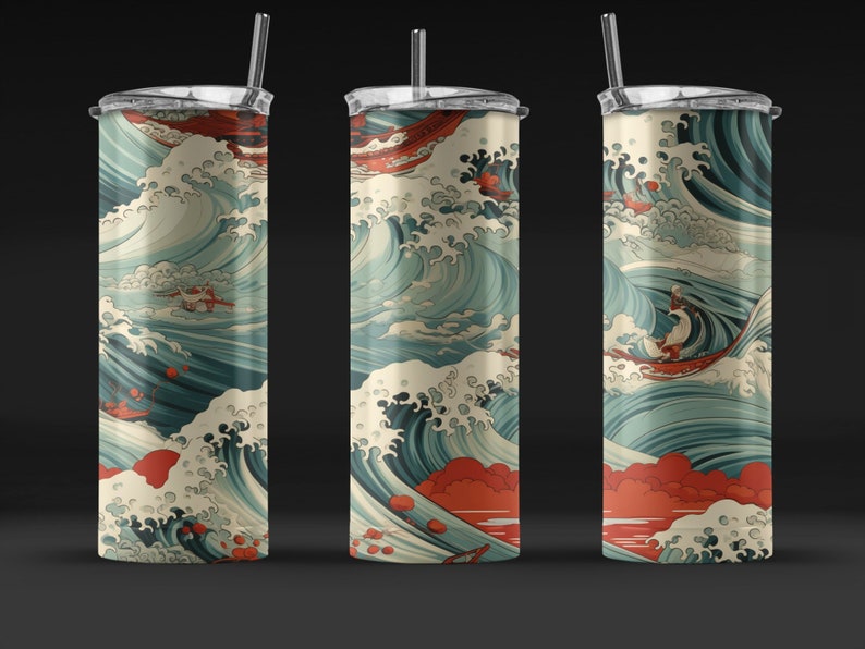 Japanese Wave Pattern Tumbler, Ocean Art Travel Mug, Nautical Beach ...