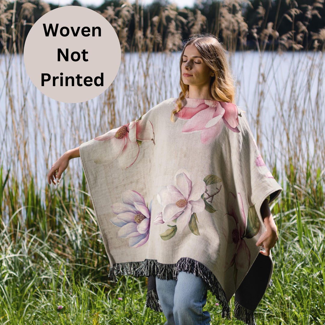 Magnolia Woven Poncho, Floral Boho Shawl Fringe, Lightweight Coverup ...