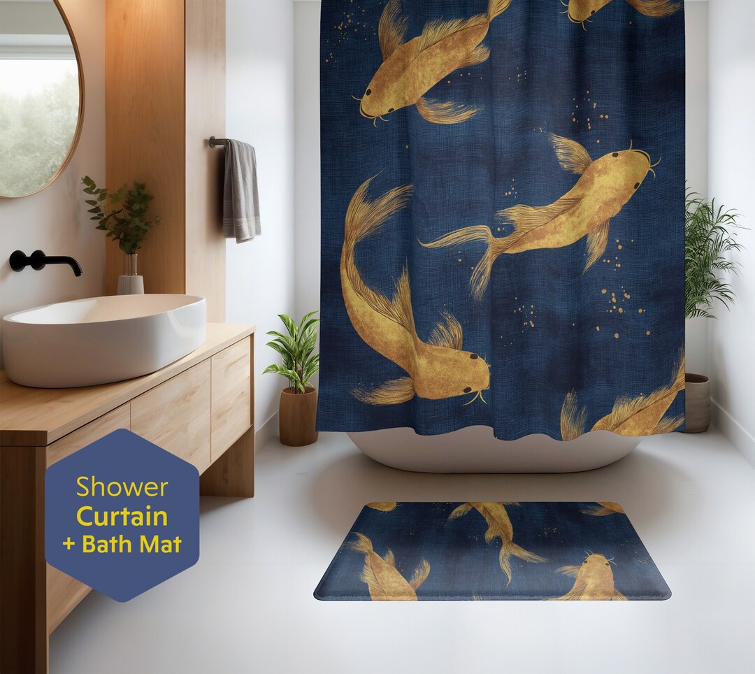 Japanese Art Koi Fish Shower Curtain and Bath Mat Deep Blue and Gold ...