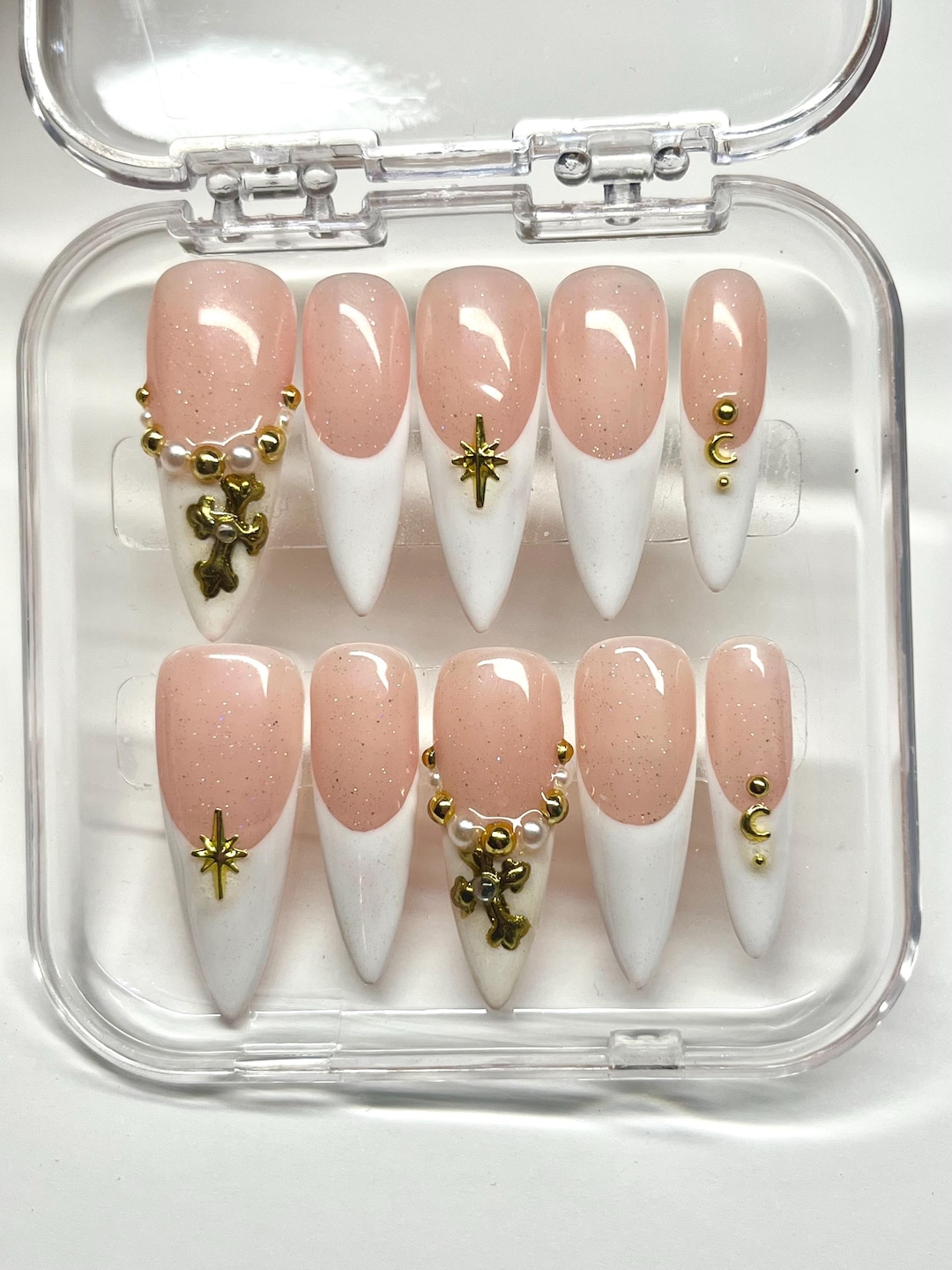 French Tip Press-on Nails: 3D Gold Cross Chain, Glitter Gel Nails - Etsy