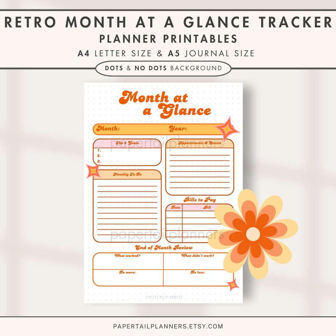 Retro Month at a Glance Tracker | Printable Journal Page | Monthly ...