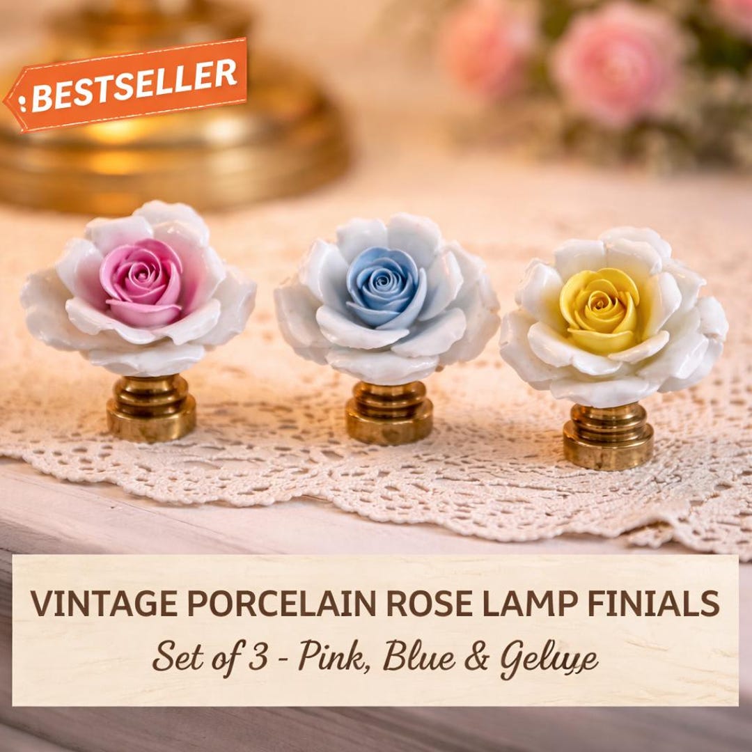 Vintage Porcelain Rose Lamp Finials Set, Pink Blue Yellow Ceramic ...
