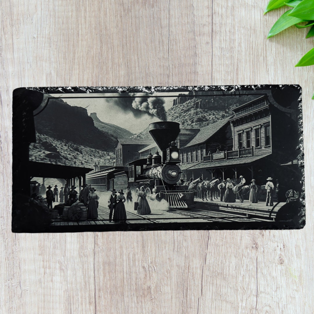 Old West Train Station - Magnetic Pellet Stove Decorative Slate Insert ...