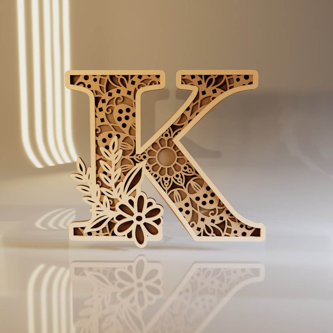 Letter K SVG, Laser Cut Monogram, Multilayer SVG, Floral Initials, Wood ...