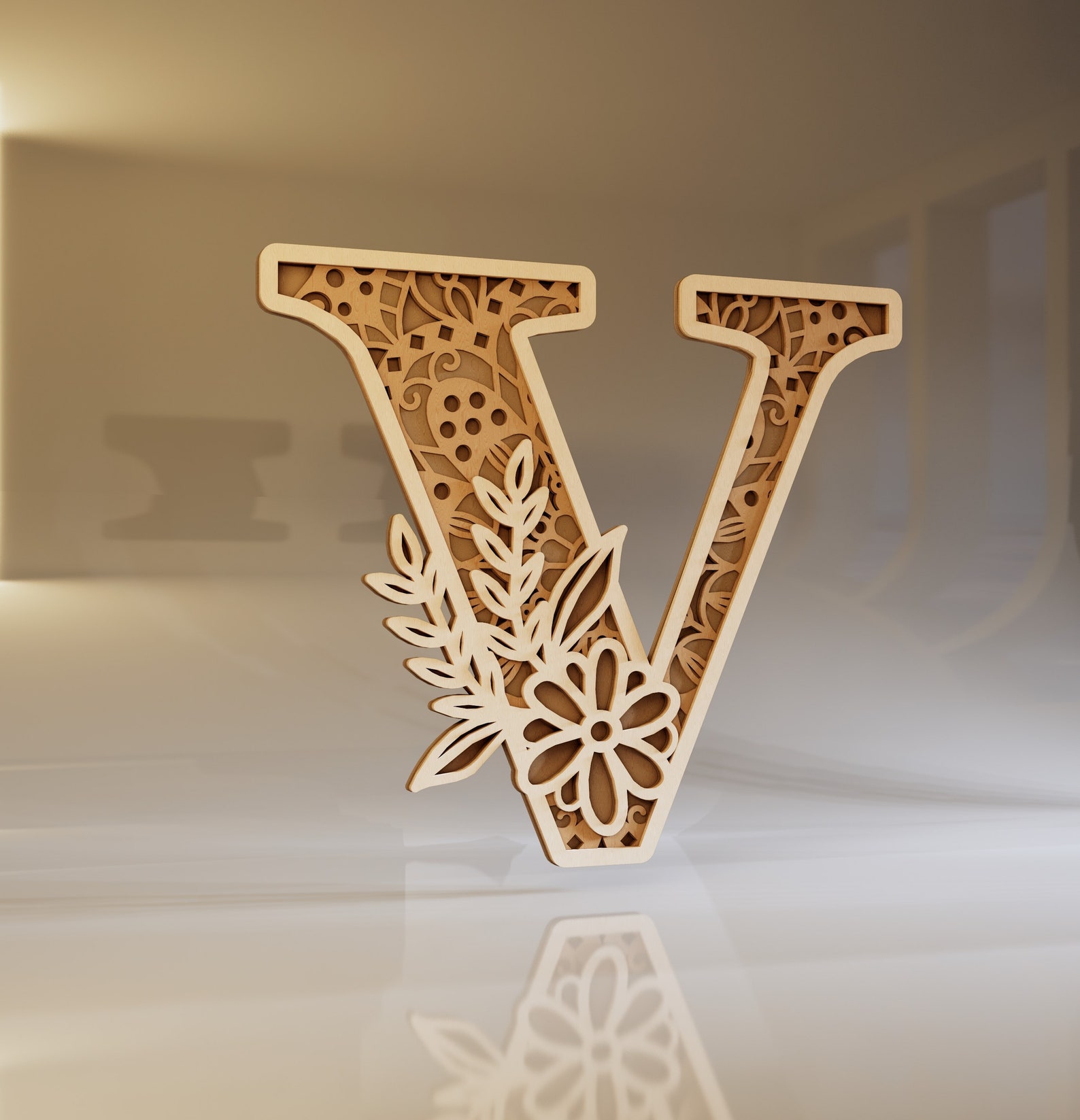 Letter V SVG, Multilayer Laser Cut, Floral Initials, Mandala Alphabet ...