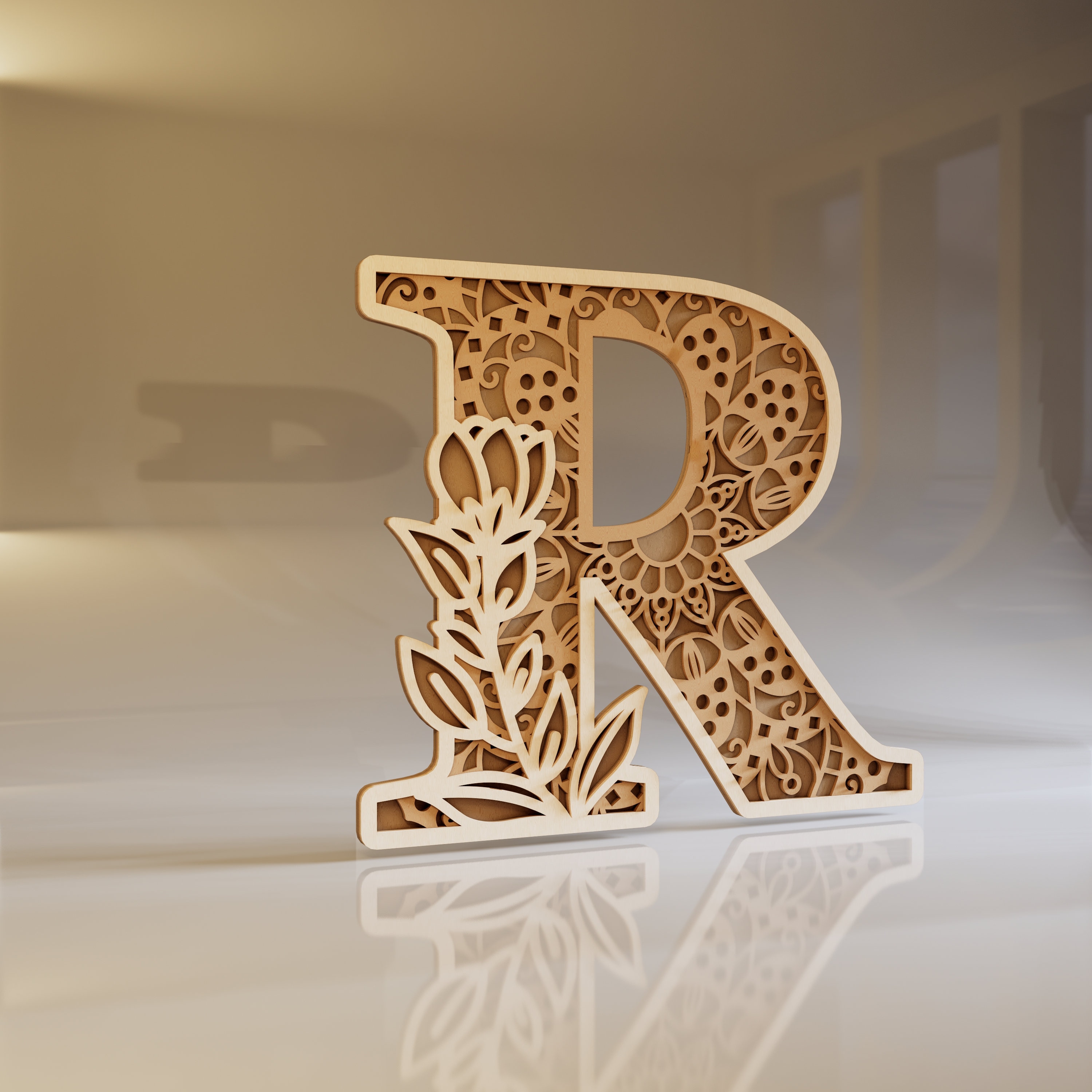 Letter R Pattern 3d Svg For Wood Flower Initial Mandala Alphabet