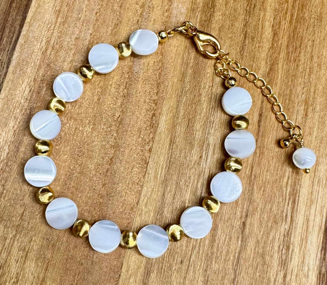 Genuine Mother of Pearl Flat Coin Beads and 18k Gold Plated Bracelet - Etsy