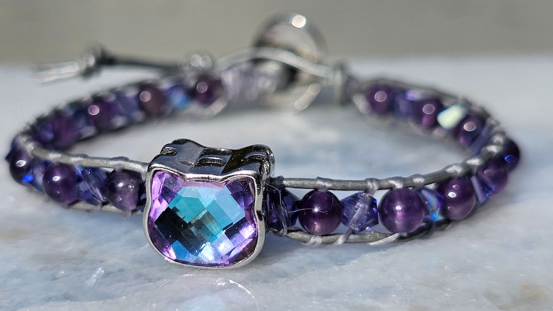 Glass Cat Head With Amethyst and Swarovski Bicone Crystals in a Leather ...