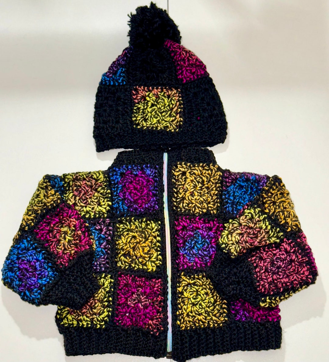 Granny Square Patch Work Zip up Jacket With Matching Beenie 18-24 Month ...