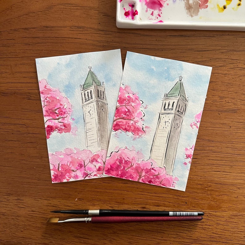 Berkeley Postcard Cherry Blossoms and Campanile Original Hand Painted ...